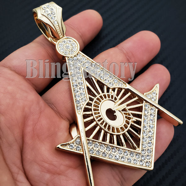 Hip Hop Large Freemason Masonic pendant & 12mm 18" Full Iced Cuban Cho