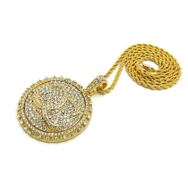 Iced out QC Spinning Medal Pendant 24" Box Cuban Rope Chain Hip Hop Ne