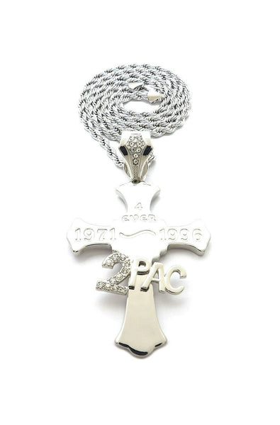 HIP HOP ICED OUT 2PAC 4EVER CROSS PENDANT & 4mm 24" ROPE CHAIN NECKLAC
