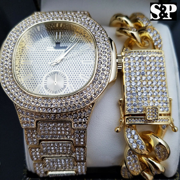 MENS HIP HOP QUAVO GOLD PT LUXURY WATCH & FULL ICED CUBAN BRACELET COM