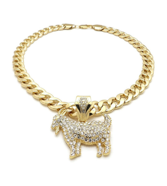 Hip Hop Iced Out Gold plated GOAT Pendant & 11mm 20" Cuban Choker Chai