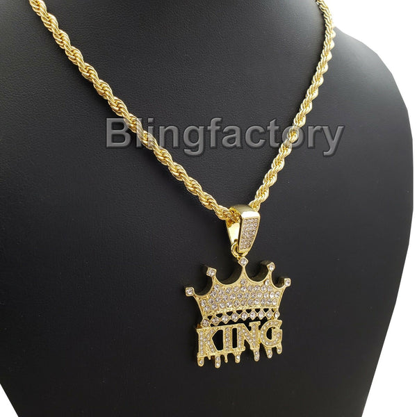Hip Hop Iced out Lab Diamond Crowned KING Drip Pendant & 24" Rope Chai