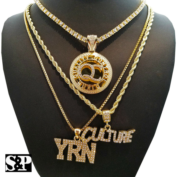 Hip Hop Migos Iced QC w/ Tennis Chain & CULTURE & YRN 3 Necklace Combo