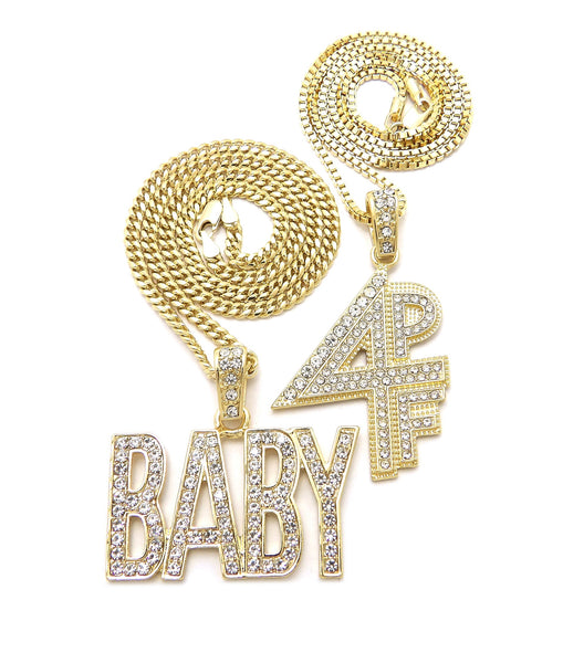 14K Gold Plated Hip Hop Lil BABY & 4PF Pendant w/ 20" 24" Box Cuban Ch