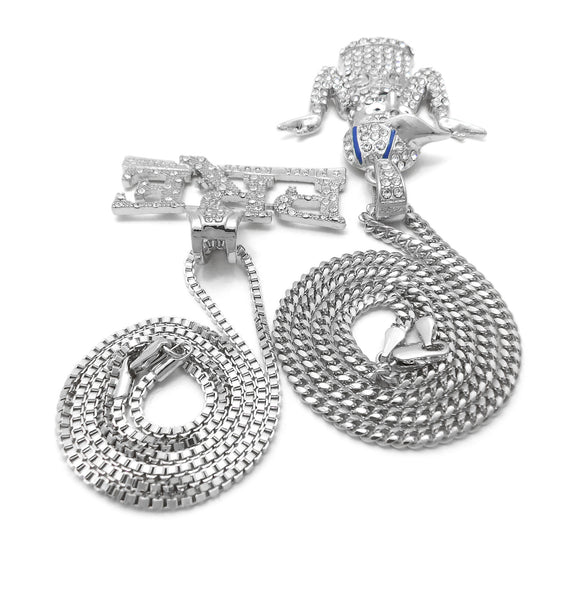 White Gold PT Hip Hop Young Dolph & PRE Pendant w/ 20" 24" Box Cuban C