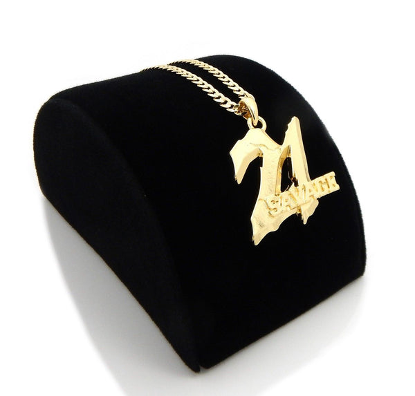 Gold Plated 21 Savage Piece Pendant & 4mm 24" Concave Cuban Link Chain