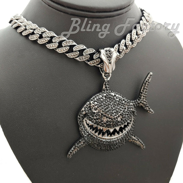 6ix9ine Iced Black Shark Large Pendant 16" ~ 24" Full Iced Cuban Chain